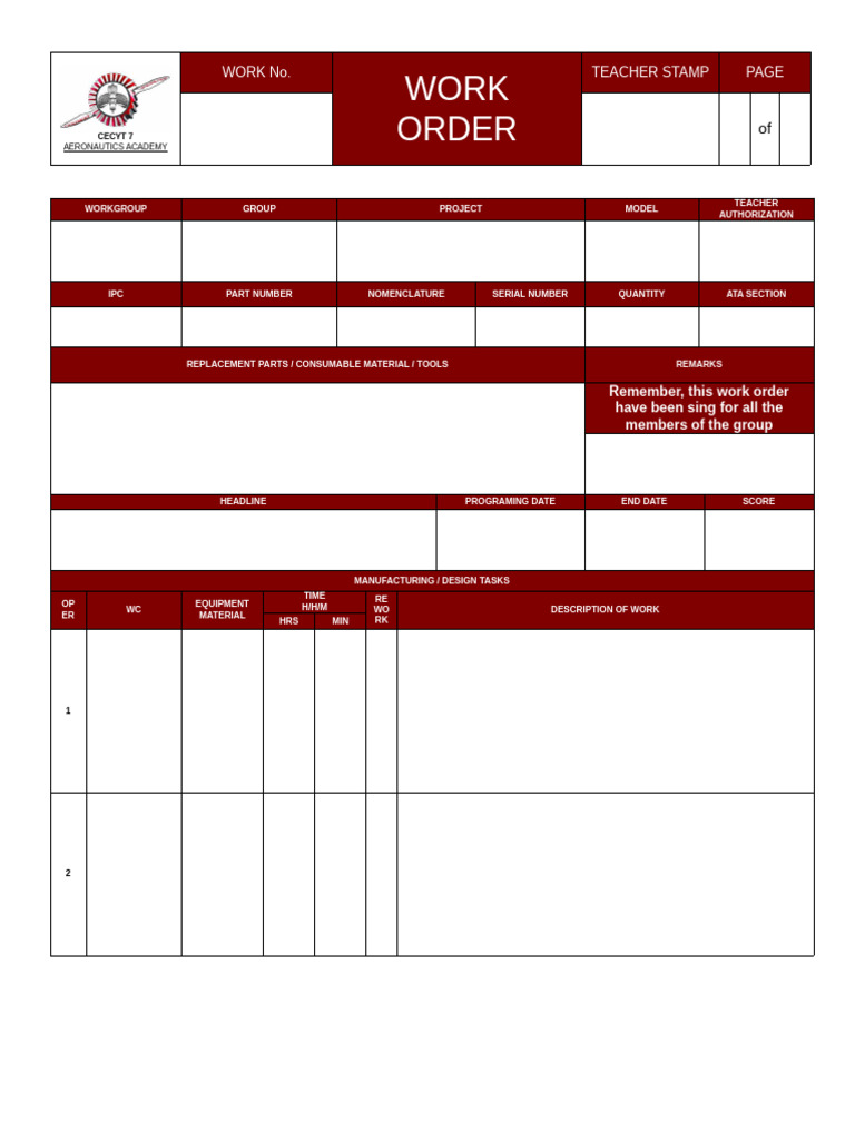 CECYT 7 Aeronautics Work Order Template | PDF