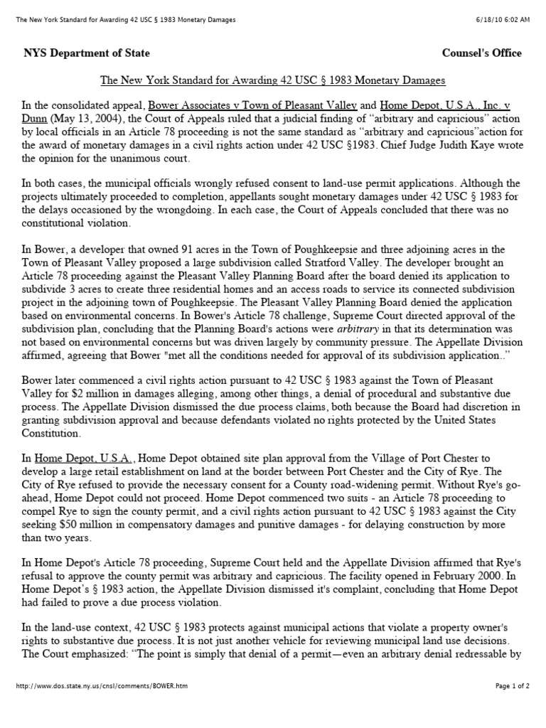 NY 42 USC § 1983 Damages Standards | PDF | Standard Of Review | Damages