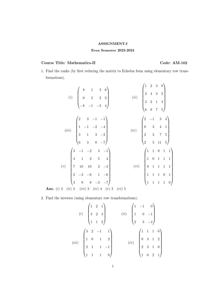Mathematics-II Assignment: Matrix Ranks & Inverses | PDF | Eigenvalues ...