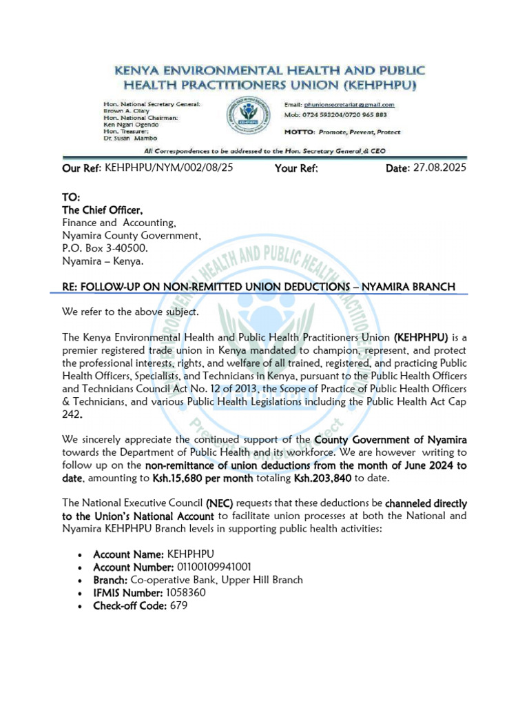 Follow-Up On Non-Remitted Union Deductions - Nyamira Branch | PDF