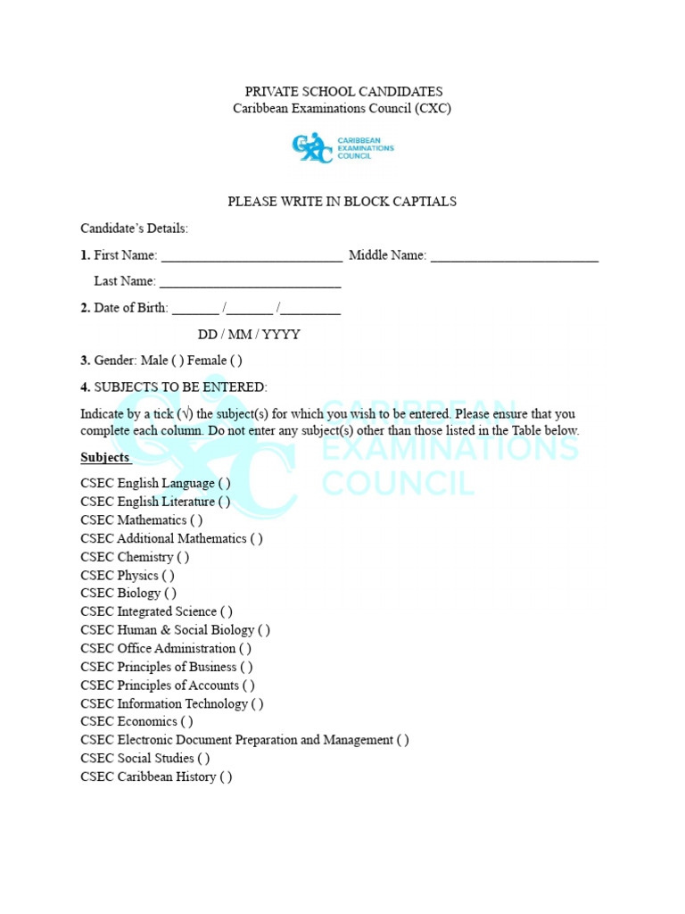 CSEC Private Candidate Registration Form | PDF