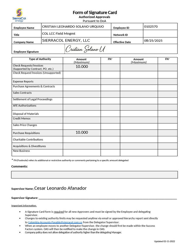 OAS Signature Card - Raul Rojas | PDF