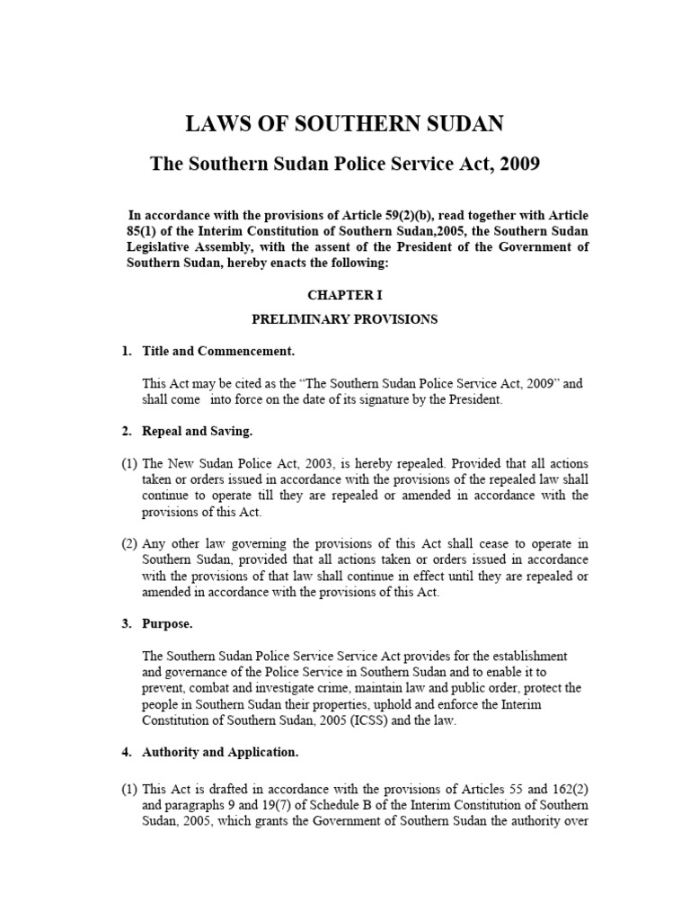 Southern Sudan Police Service Act 2009 | PDF | Police | Inspector