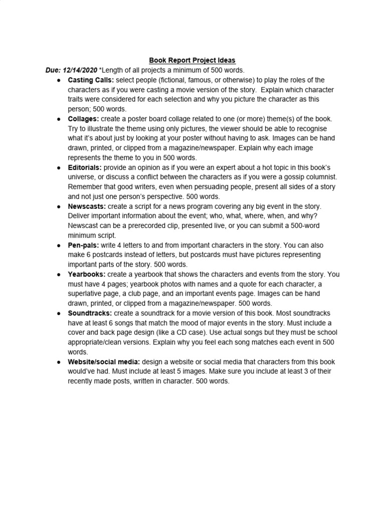 Book Report Project Ideas | PDF | Books