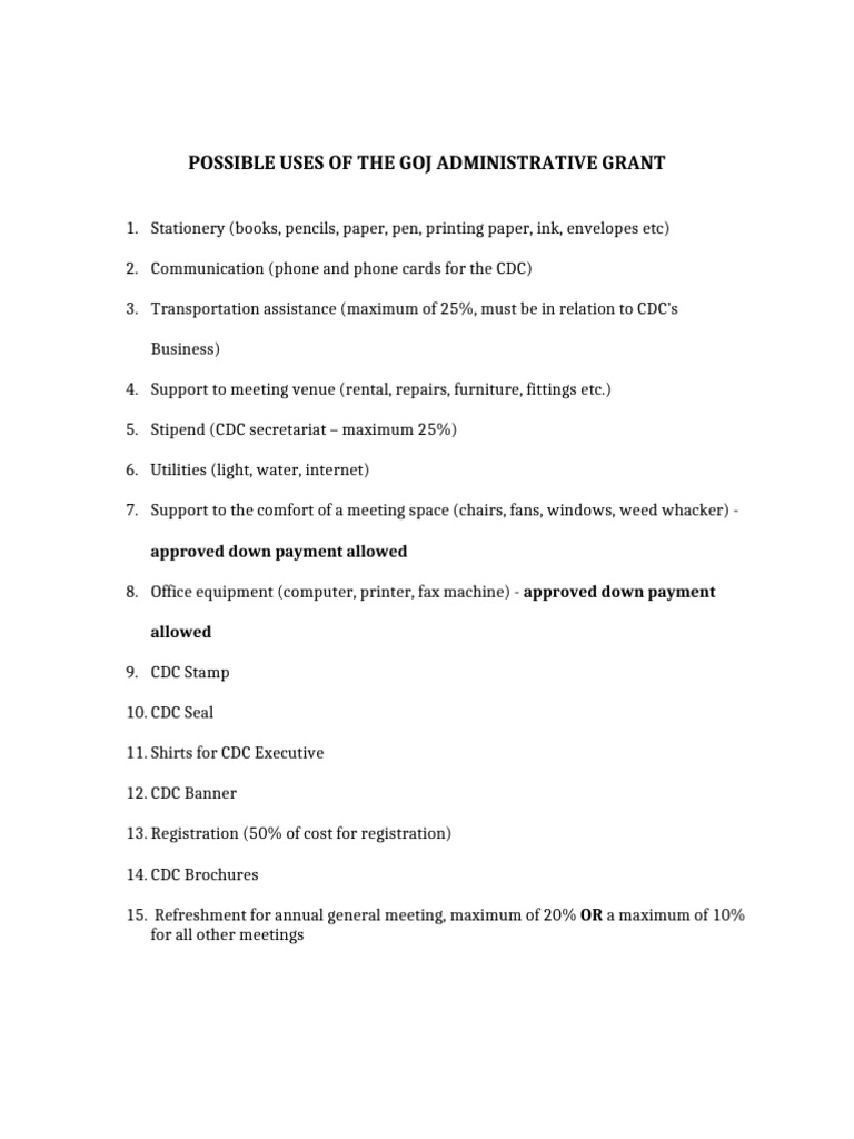 Possible Uses of GoJ CDC Admin Grant Revised May 2024 | PDF
