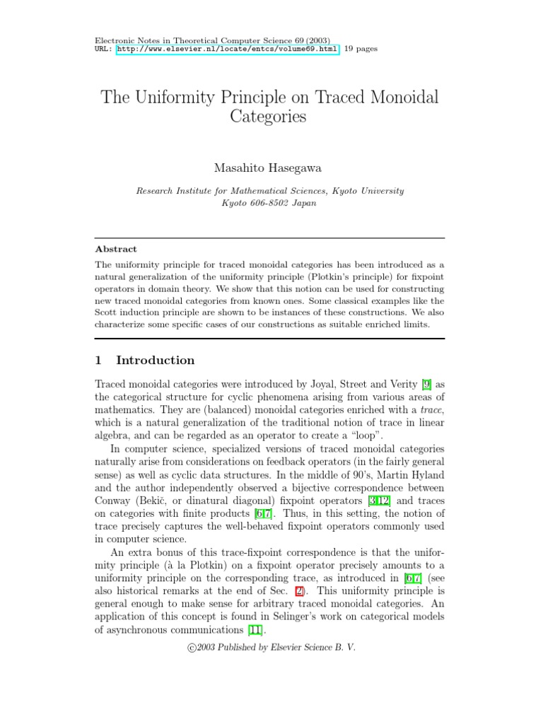 The Uniformity Principle On Traced Monoidal Categories: Masahito Hasegawa | PDF | Category ...