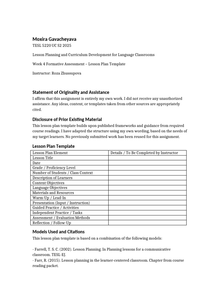 Week 4 Formative Assessment Moxira Gavacheyava | PDF | Lesson Plan ...