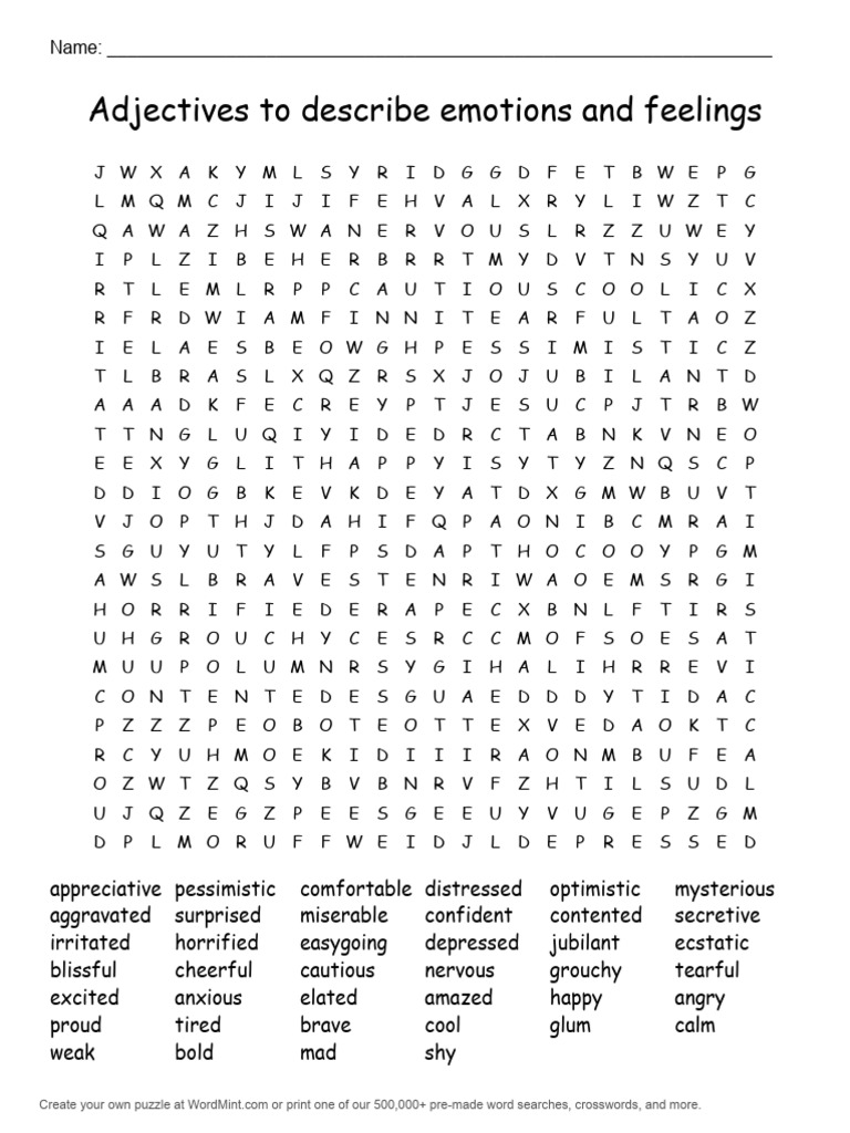 Emotion Adjectives Word Search Puzzle | PDF | Psychology | Word Puzzles