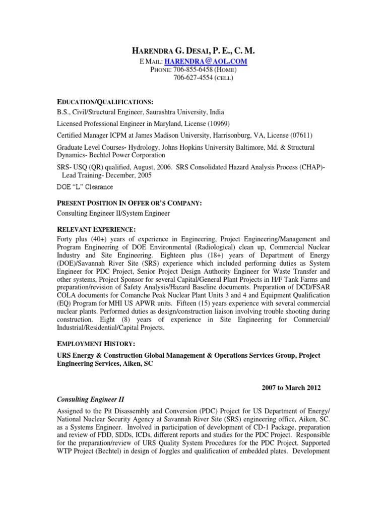 Project Program Engineer Management in Augusta GA Dallas TX Resume Harendra Desai | PDF ...