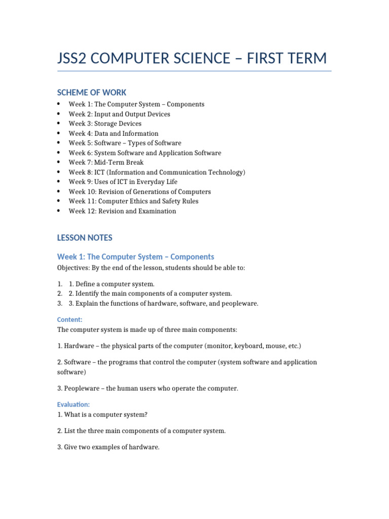 JSS2 Computer Science First Term Plan | PDF | System | Computer Hardware