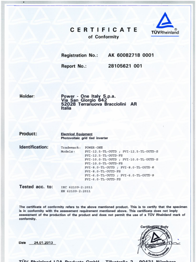 ABB IEC 62109 PVI-12.5 (10.0) (8.0) (6.0) - TL-OUTD (TUe | PDF