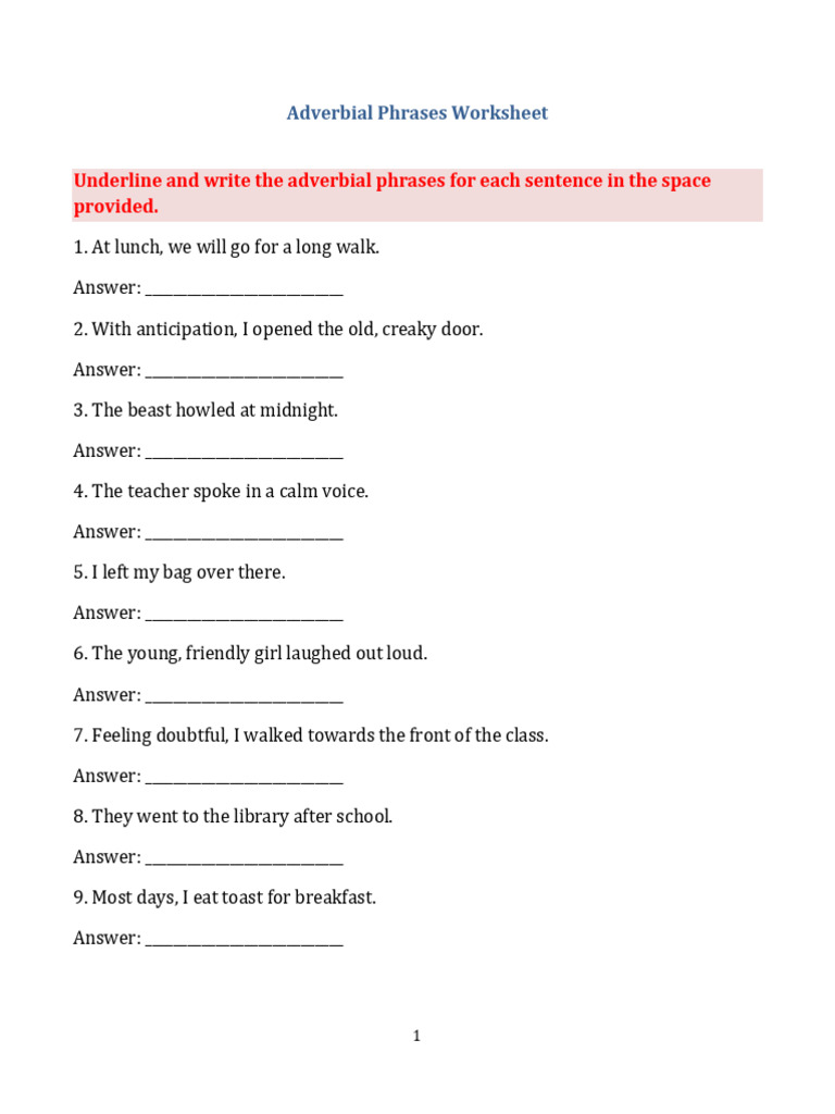 Adverbial Phrases Worksheet with Answers | PDF | Chess Openings | Chess
