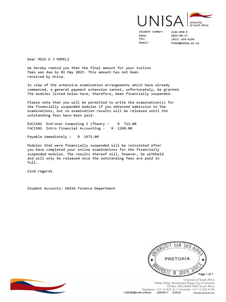Financial Suspension Notice at UNISA | PDF
