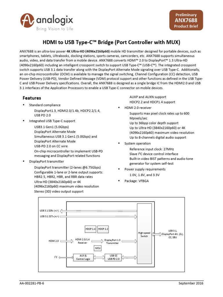 AA 002281 PB 6 ANX7688 - Product - Brief - 0 | PDF | Usb | Hdmi