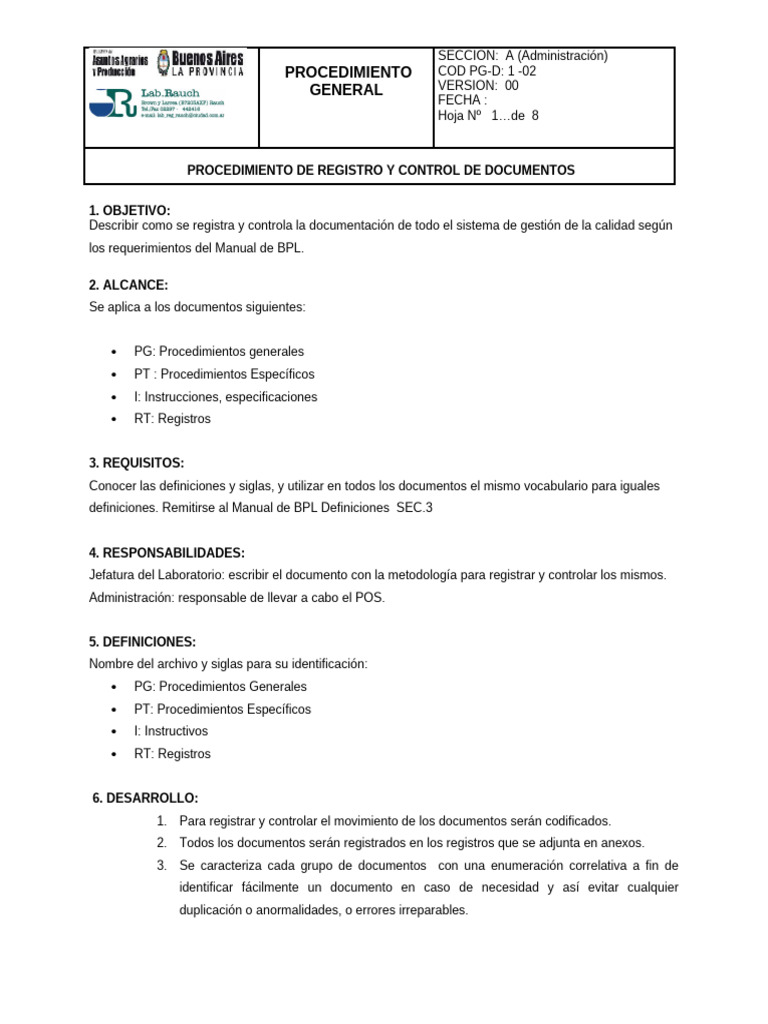 Procedimiento DE REGISTRO Y CONTROL DE LA DOCUMENTACION | PDF