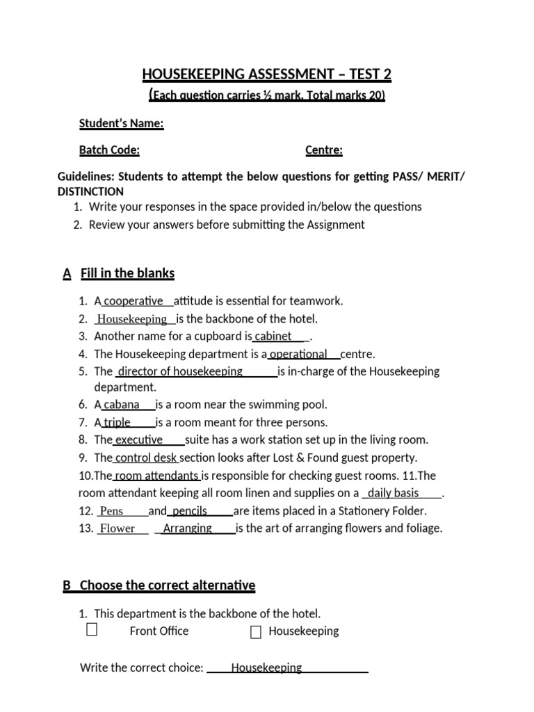 Housekeeping Assessment Test Mansikkha | PDF | Housekeeping