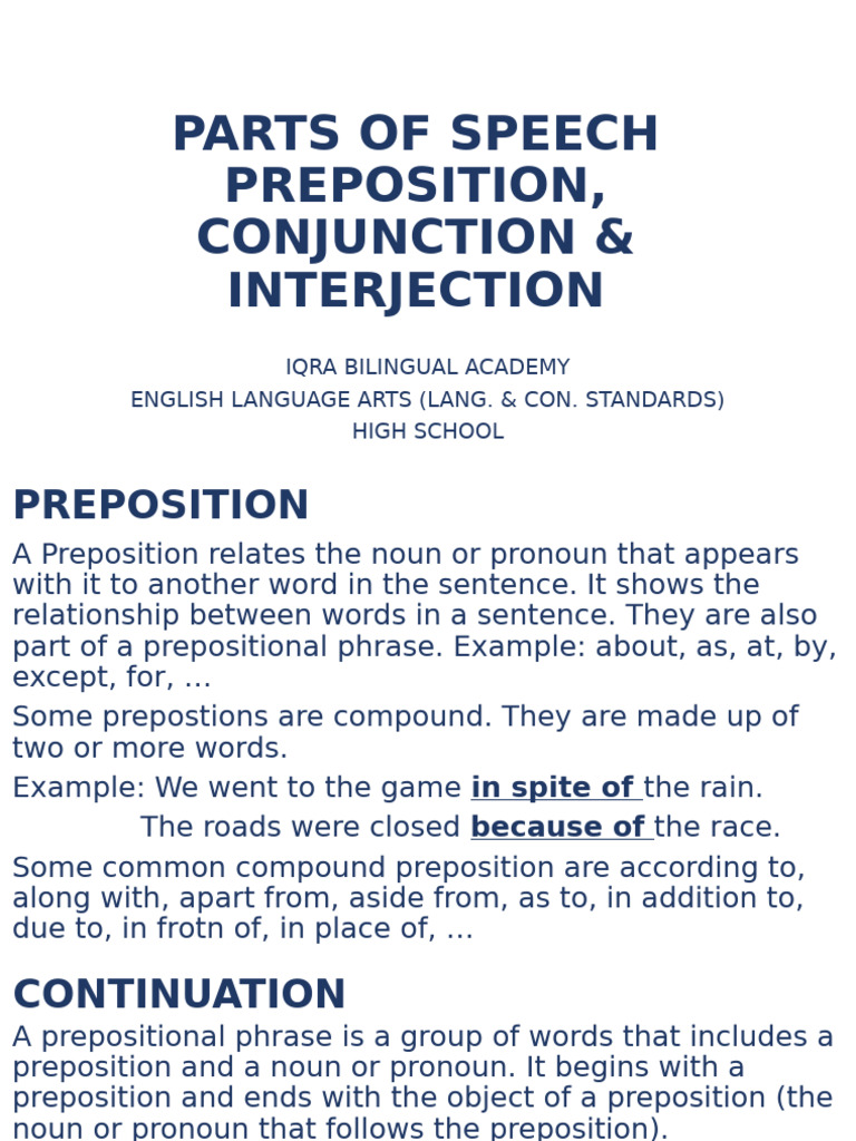 Parts of Speech - Prep. Conj. & Int | PDF | Part Of Speech | Linguistic ...