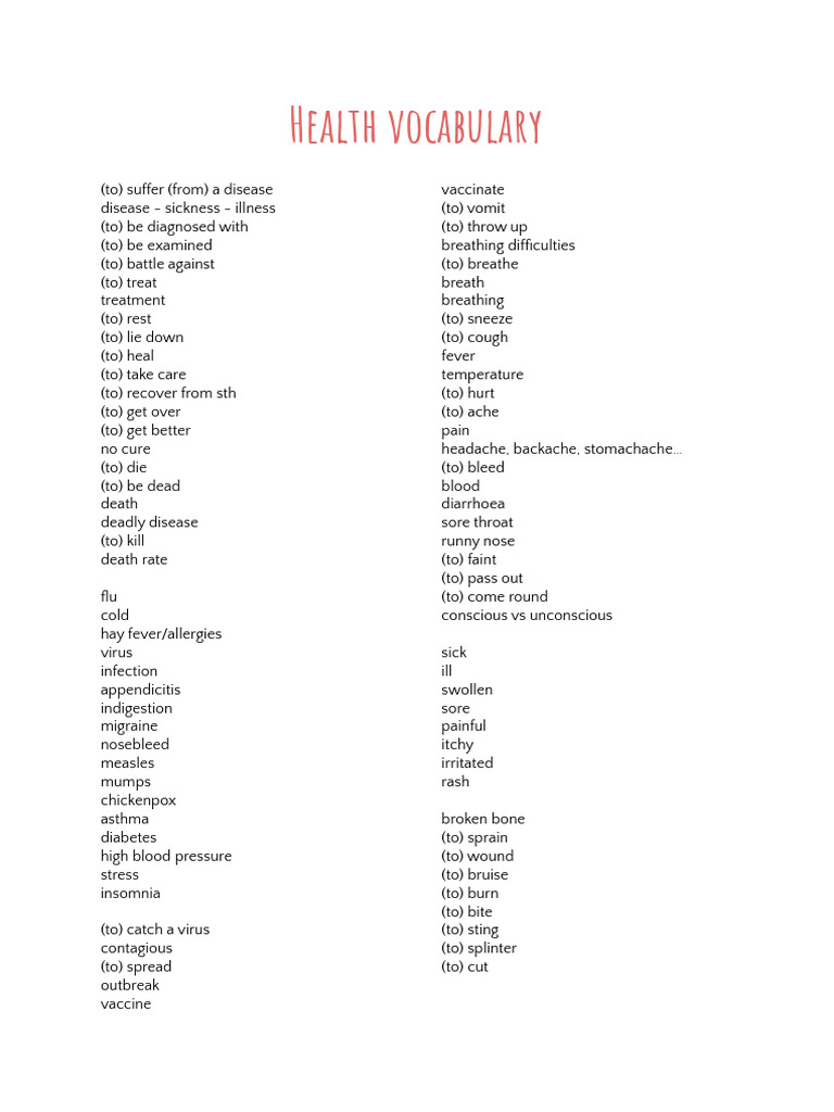 Health and Illness Vocabulary Guide | PDF