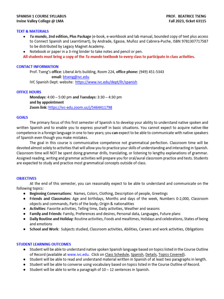 Spanish 1 Course Syllabus Fall 2023 | PDF | Verb | Spanish Language