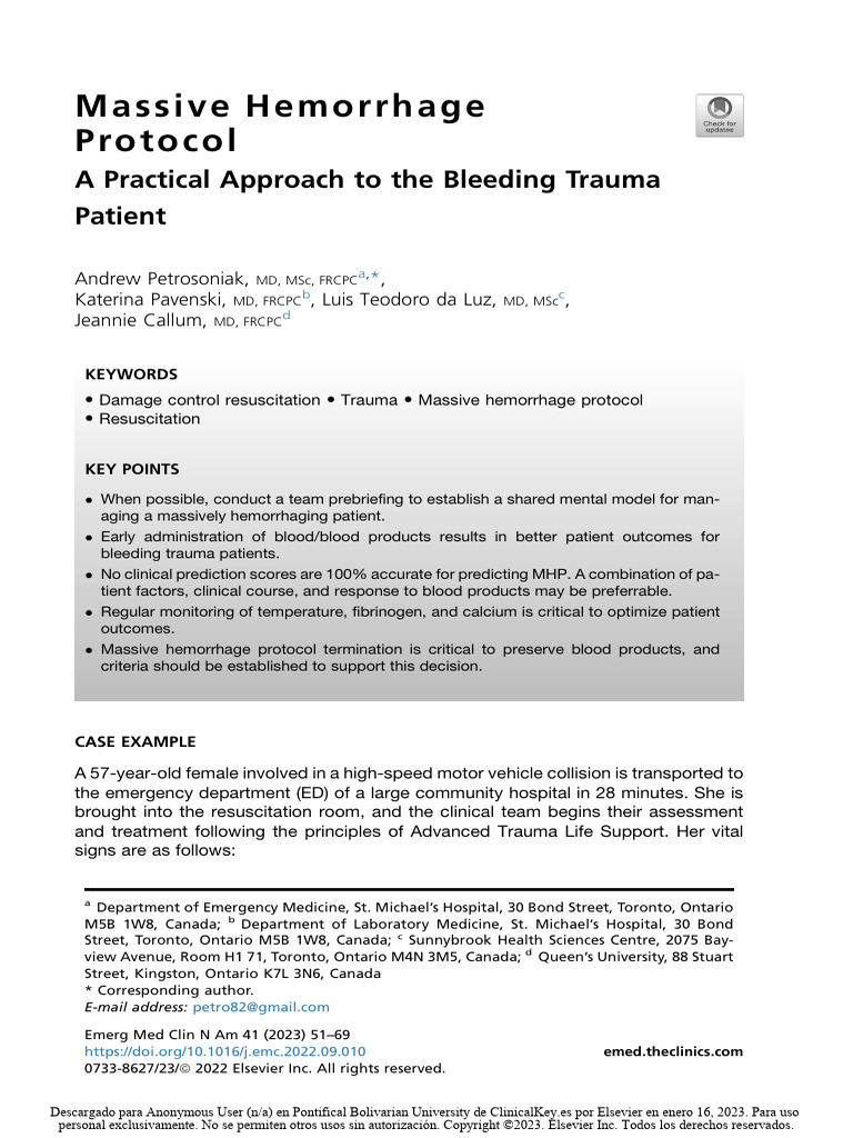 Massive Hemorrhage Protocol. A Practical Approach To The Bleeding ...