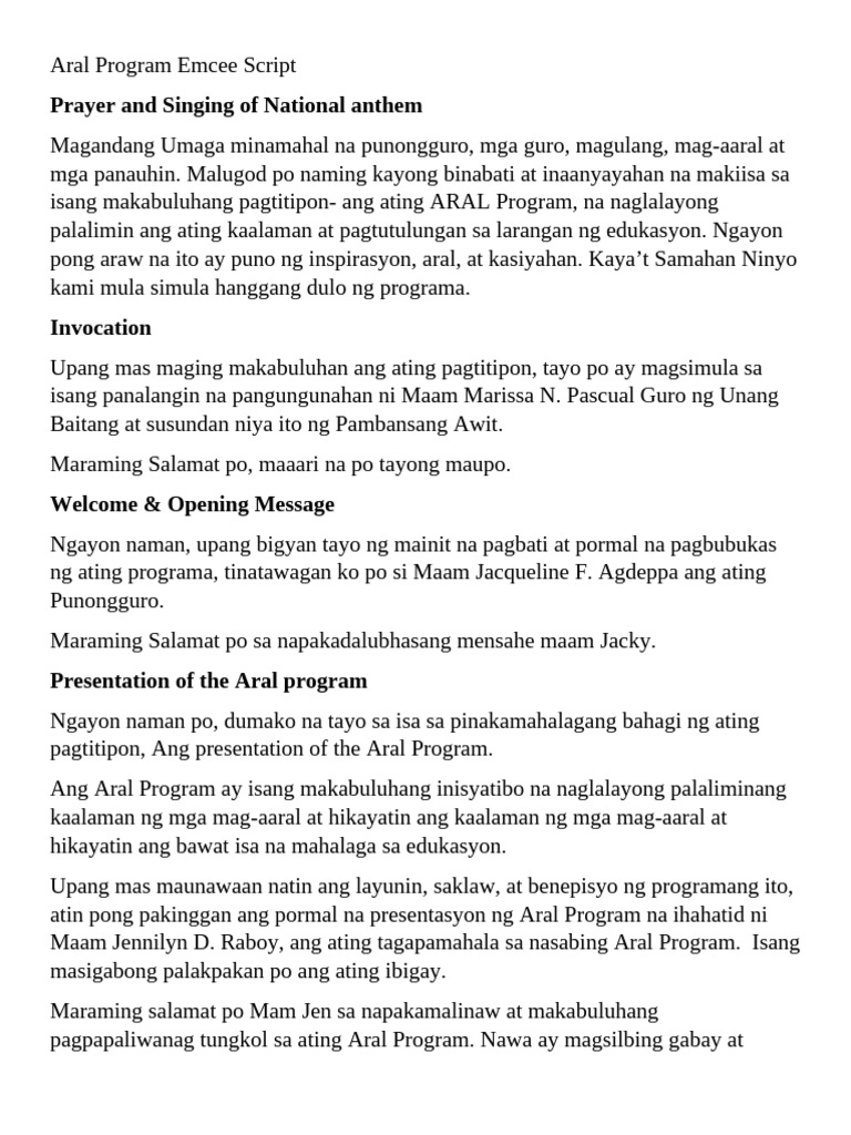 Aral Program Emcee Script | PDF