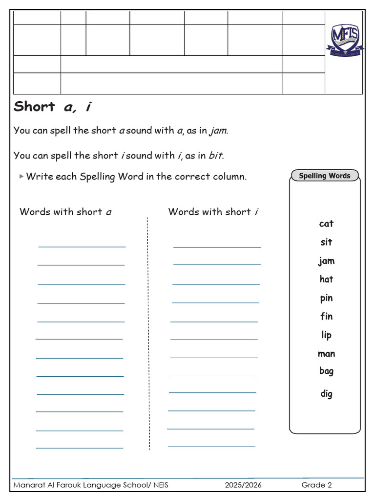Grade 2 Spelling: Short A and I Sounds | PDF