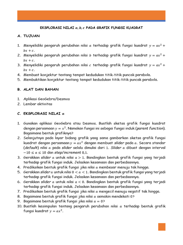 Contoh Aktivitas Deep Learning SMA (Eksplorasi Grafik Fungsi Kuadrat) | PDF