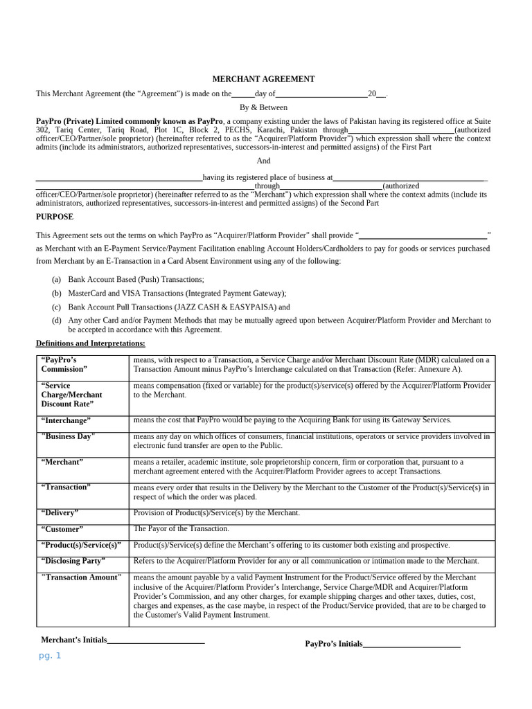 PayPro Merchant Agreement (Version 3.0) | PDF | Pay Pal | Payments