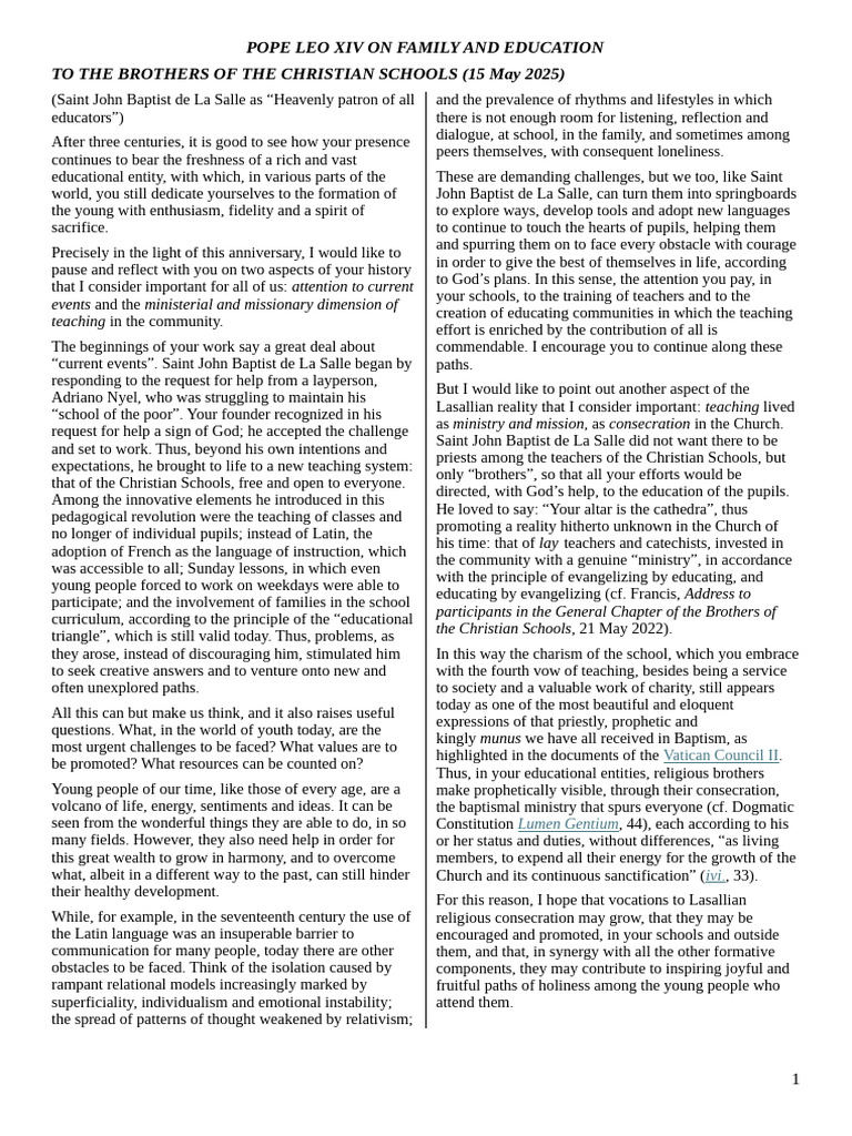 Pope Peo On Family and Education | PDF | Jesus | Love