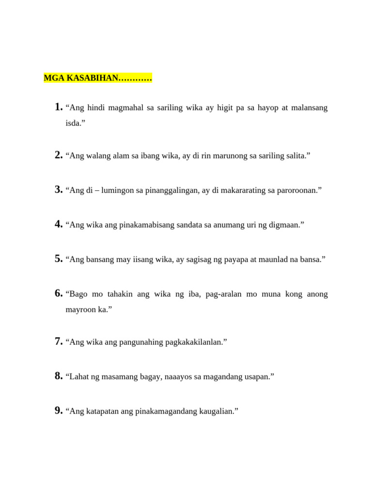 Mga Kasabihan Project in Filipino | PDF