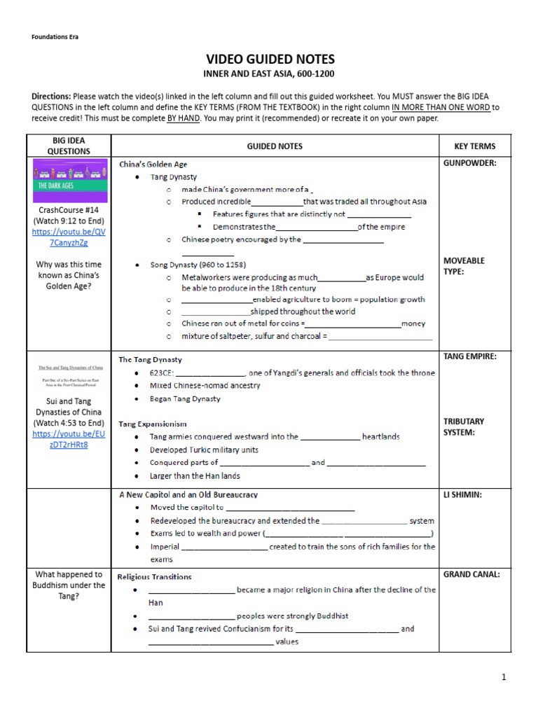 Zhiyan Wang - Video Guided Notes - East Asia | PDF | Tang Dynasty | China