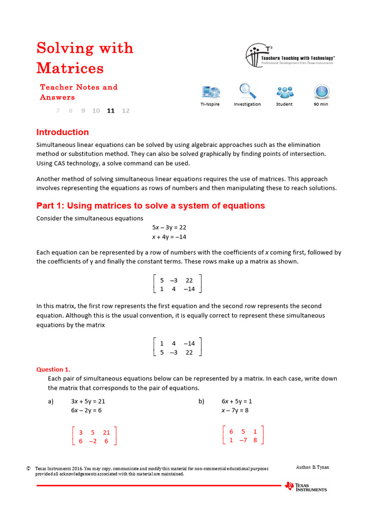 Solving Simultaneous Equations with Matrices | PDF | Matrix ...