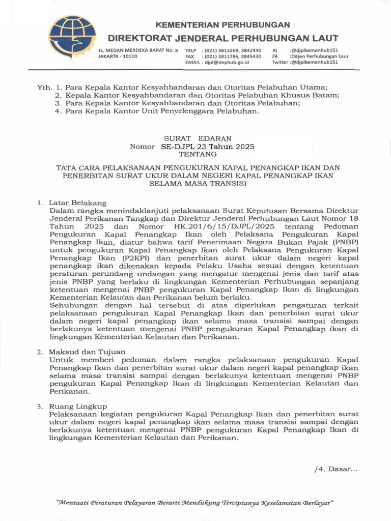 SURAT EDARAN NO. SE-DJPL 23 TAHUN 2025 Tentang TATA CARA PELAKSANAAN PENGUKURAN KAPAL PENANGKAP ...