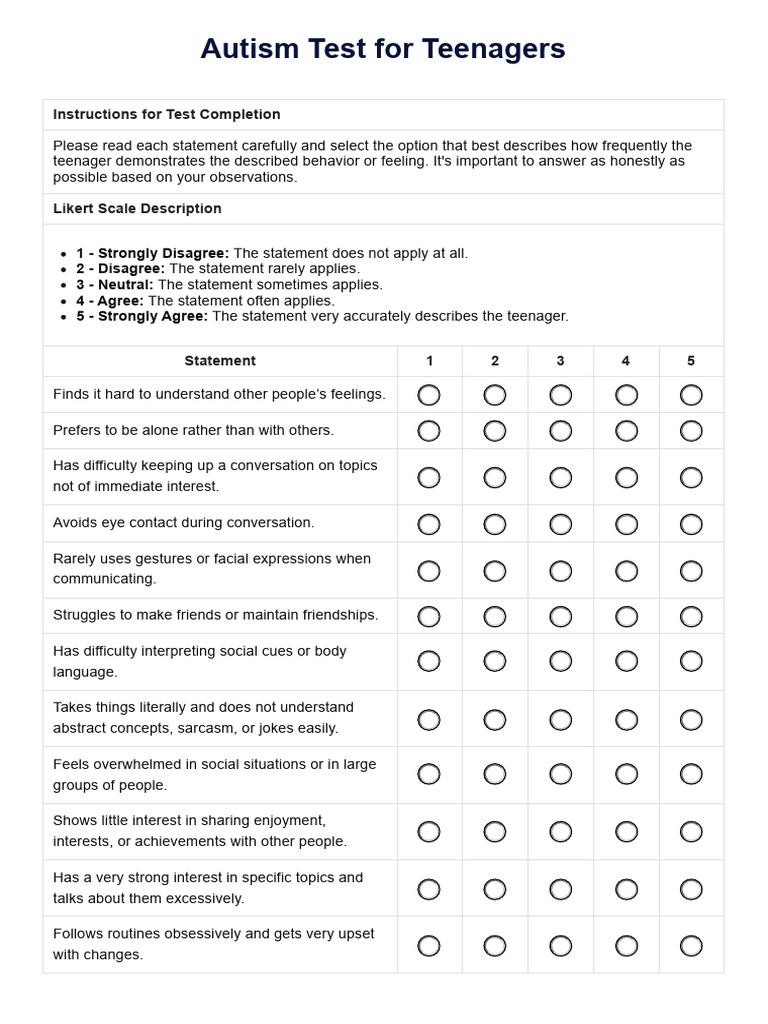 Autism Quiz for Teens: Assessment Tool | PDF | Autism | Cognitive Science