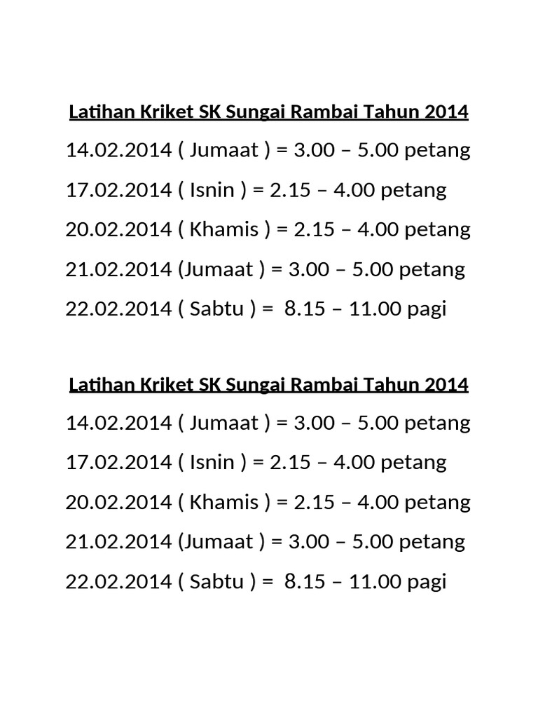 Latihan Kriket SK Sungai Rambai | PDF