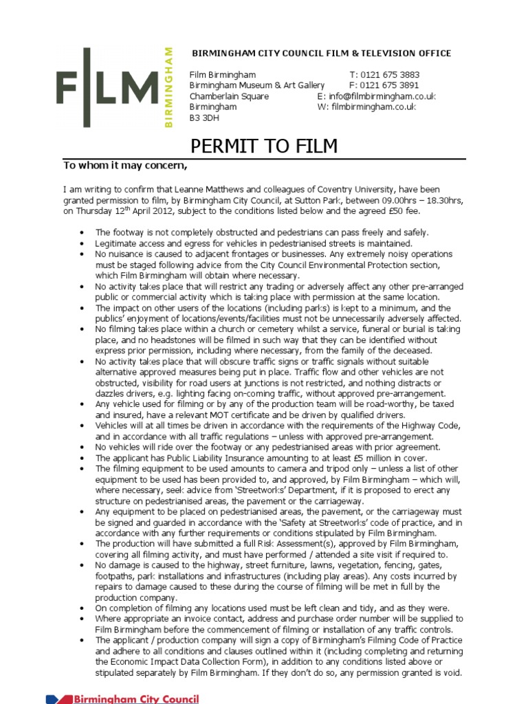 Filming Permit | PDF | Sidewalk | Traffic