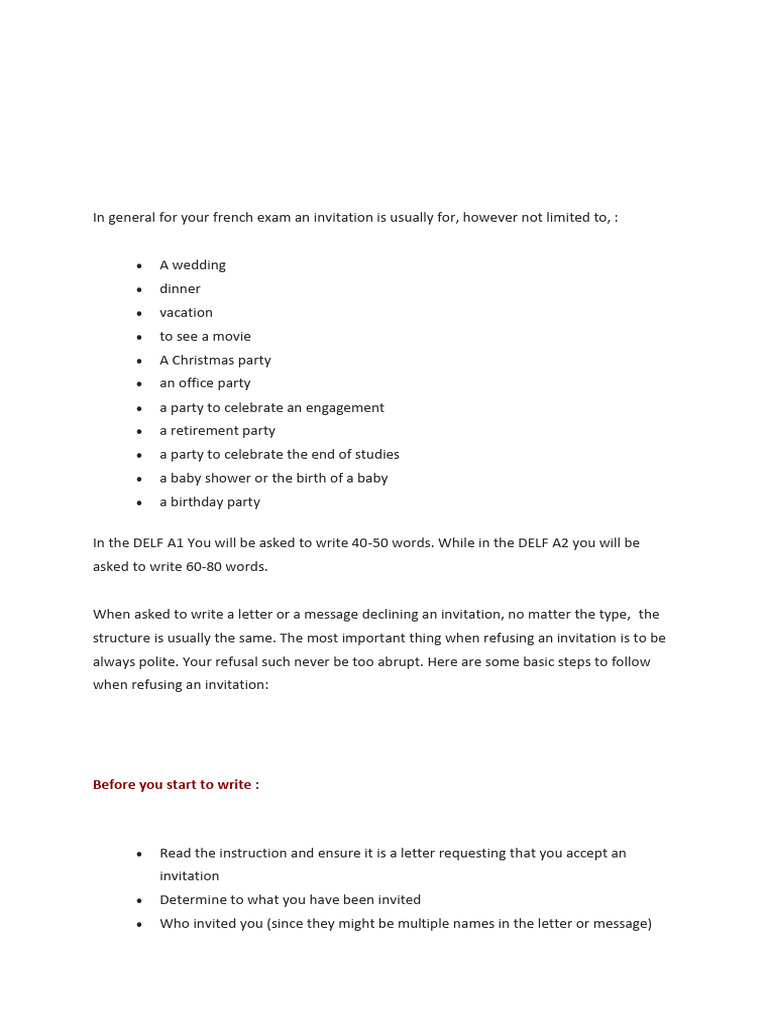 How To Write A Message or Letter in French Declining An Invitation 1 | PDF