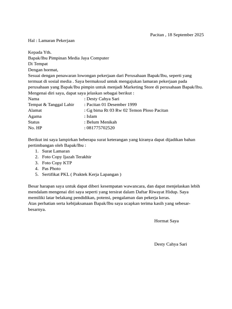 Surat Lamaran Optik Akur 55 | PDF