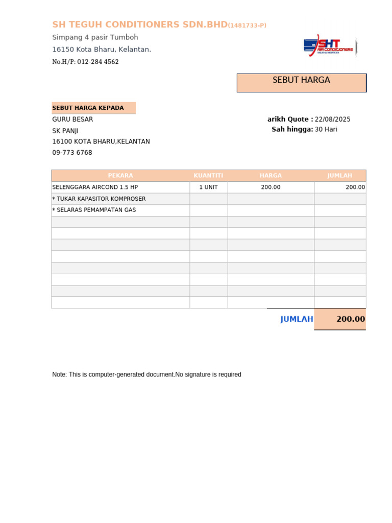 Template Sebut Harga Pembersihan | PDF