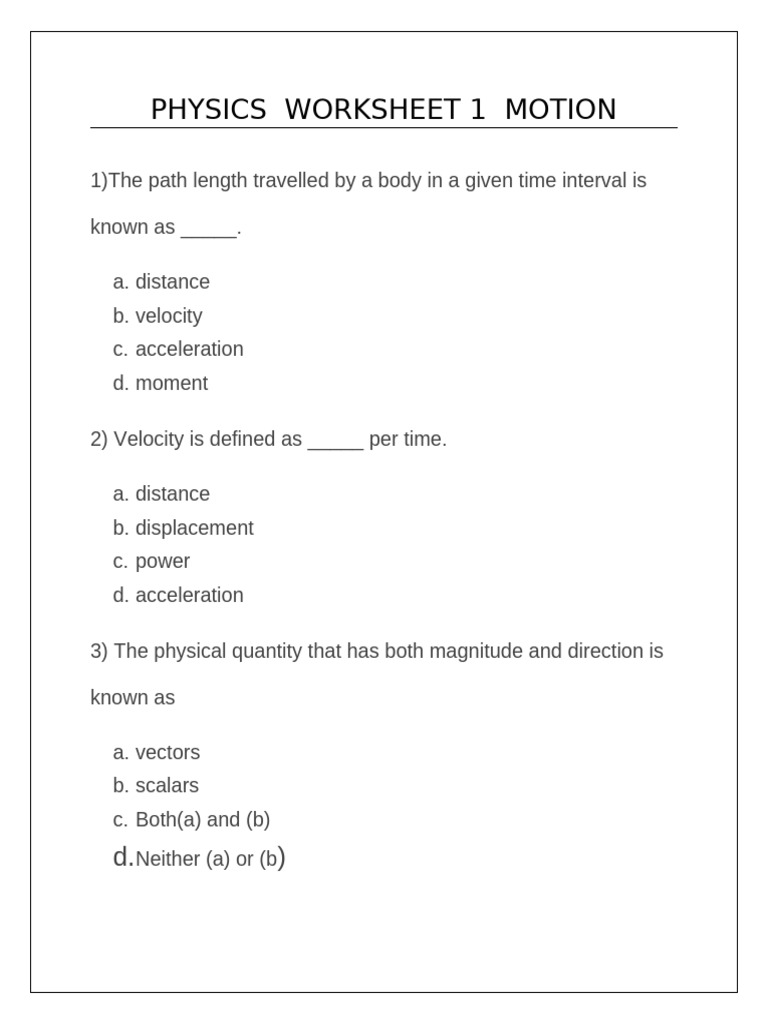 Physics Worksheet 1 Motion | PDF