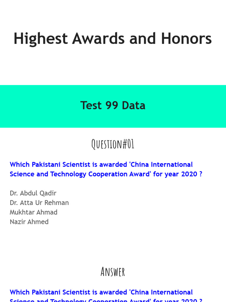 Highest Awards and Honors - Test Data 99 | PDF