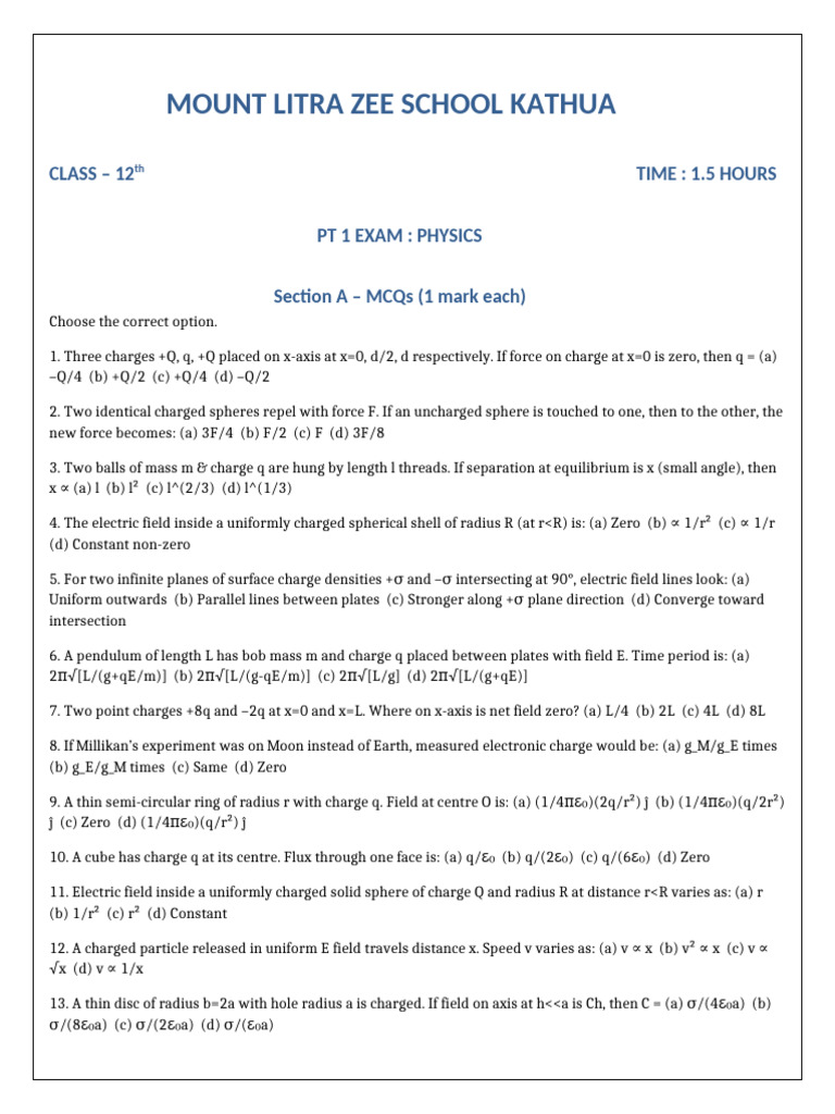 Combined Physics Question Paper | PDF | Electric Field | Force