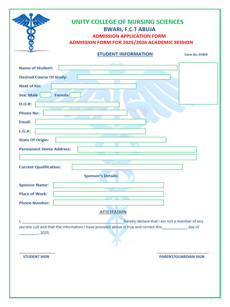 Unity College Nursing Admission Form 2025/26 | PDF