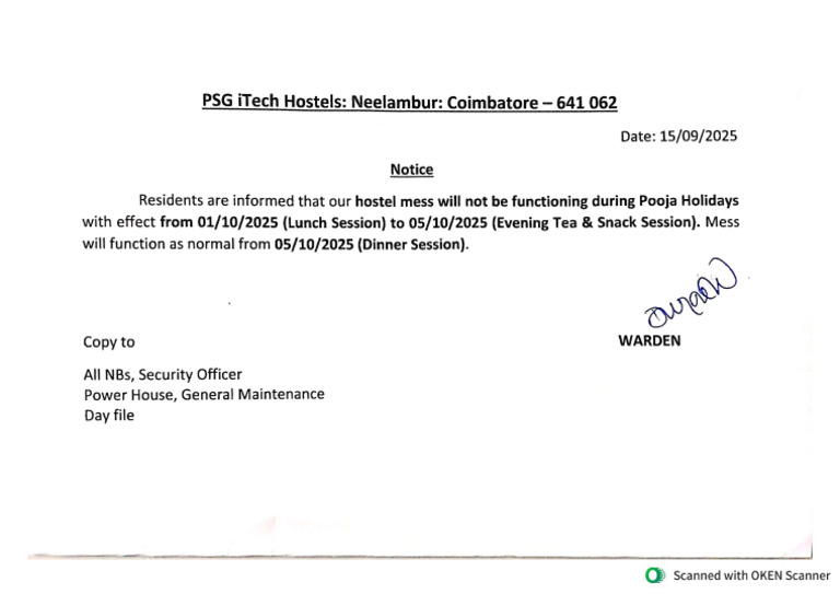 Hostel Mess Closure For Pooja Holidays | PDF