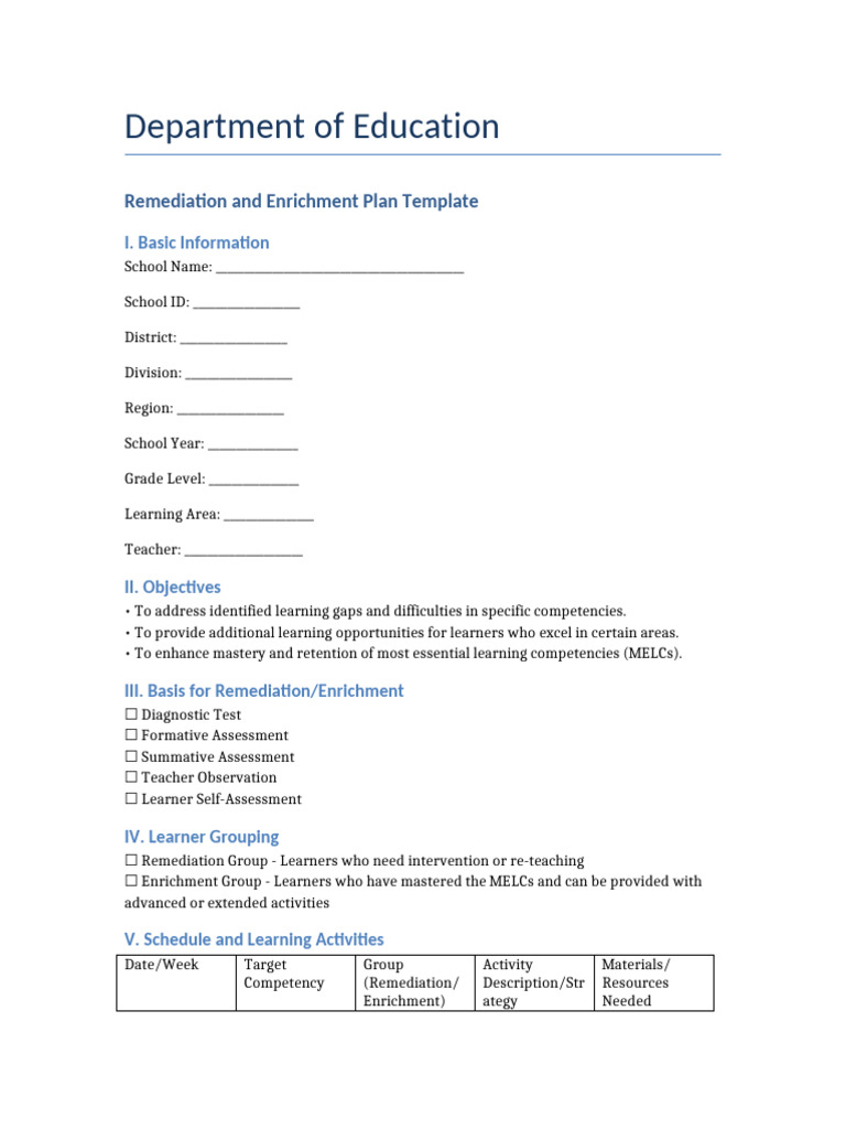 DepEd Remediation Enrichment Plan Template | PDF