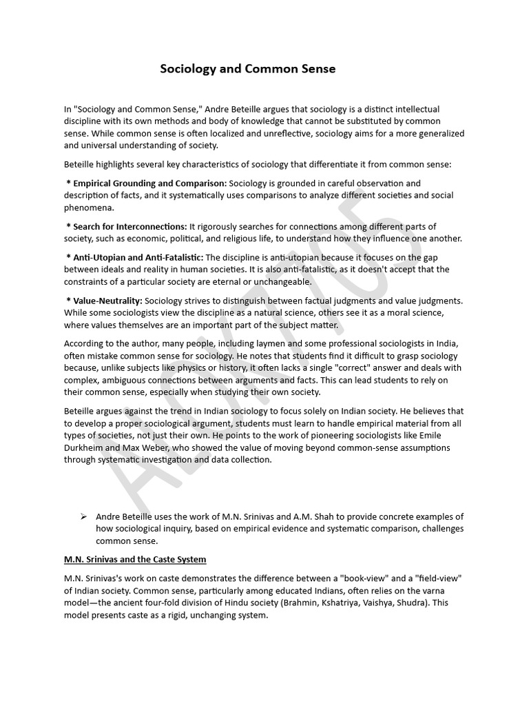 Sociology vs. Common Sense: Beteille's Insights | PDF | Sociology | Caste