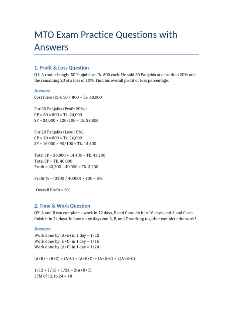 MTO Exam Practice Questions & Answers | PDF