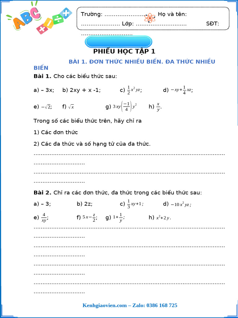 PHT Toan 8 Ki 1 CD Bai 1. Don Thuc Nhieu Bien. Da Thuc Nhieu Bien | PDF