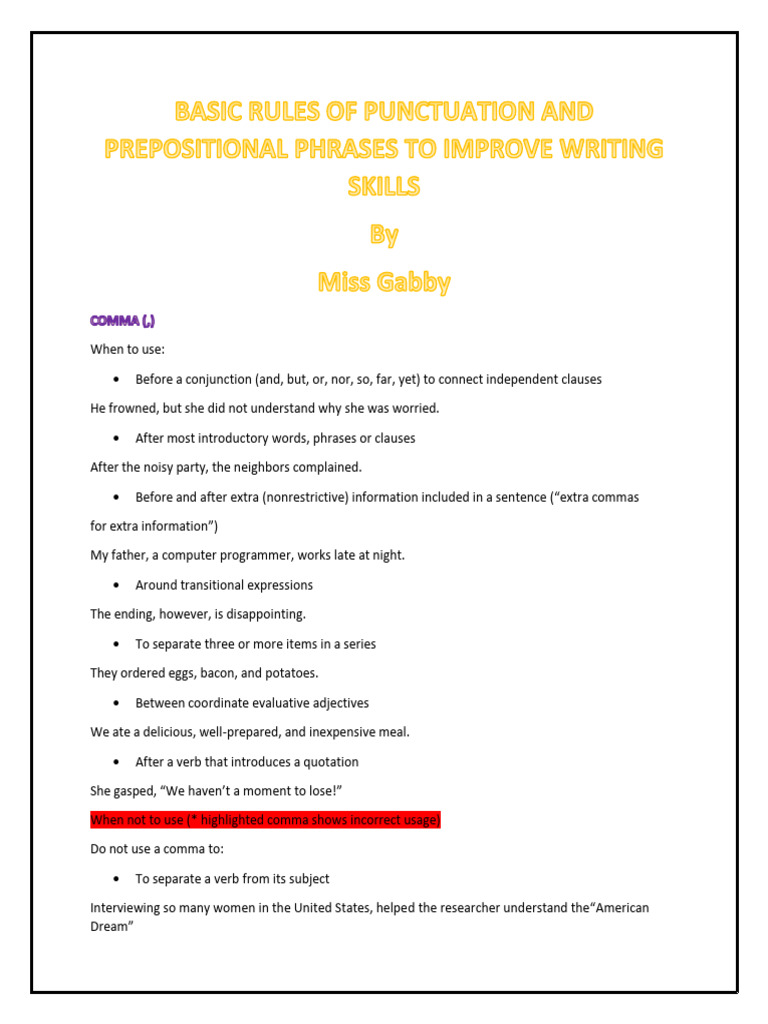 Basic Rules of Punctuation and Prepositional Phrases To Improve Writing ...
