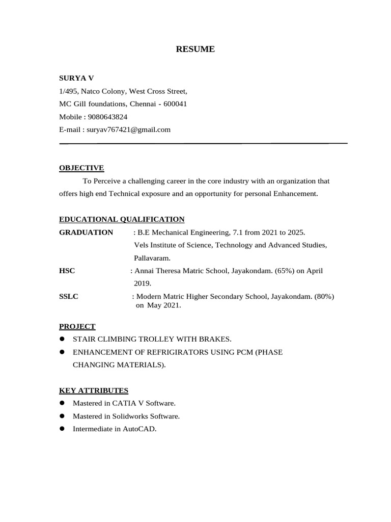 Mechanical Engineer Resume of Surya V | PDF
